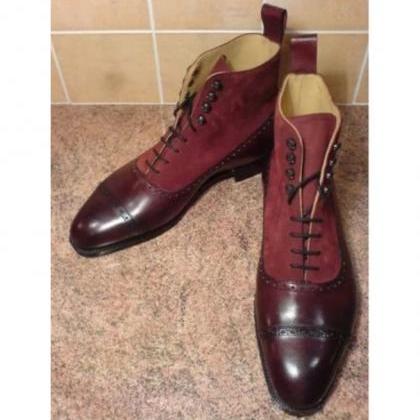 Handmade Burgundy Color Ankle High Boot, Suede Leather Lace Up Boot For ...